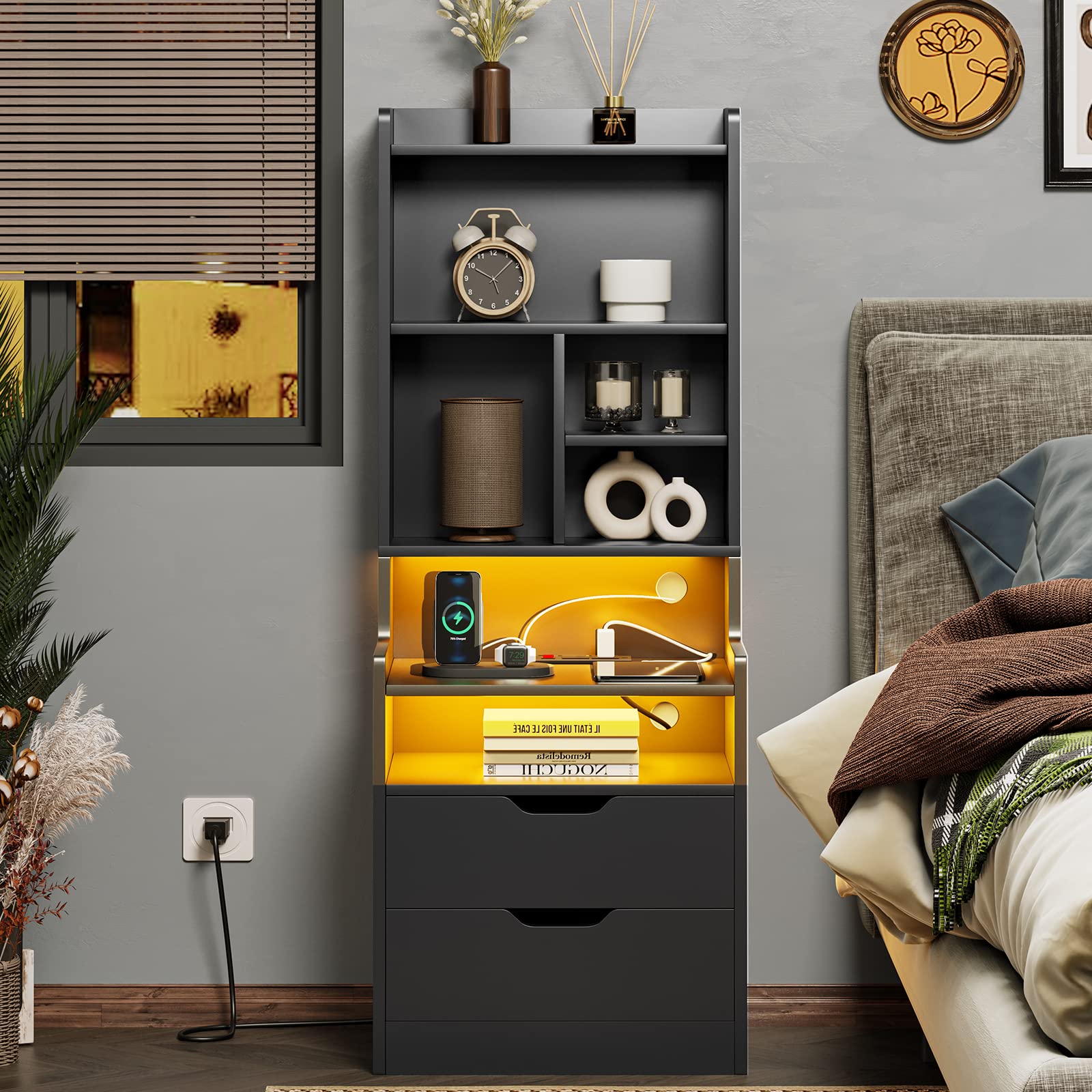 ADORNEVE Tall Night Stand with Charging Station and LED Lights,Nightstand with Bookshelf,Bedside Table with Drawers & Power Outlets,End Side Table for Bedrooms (Black)