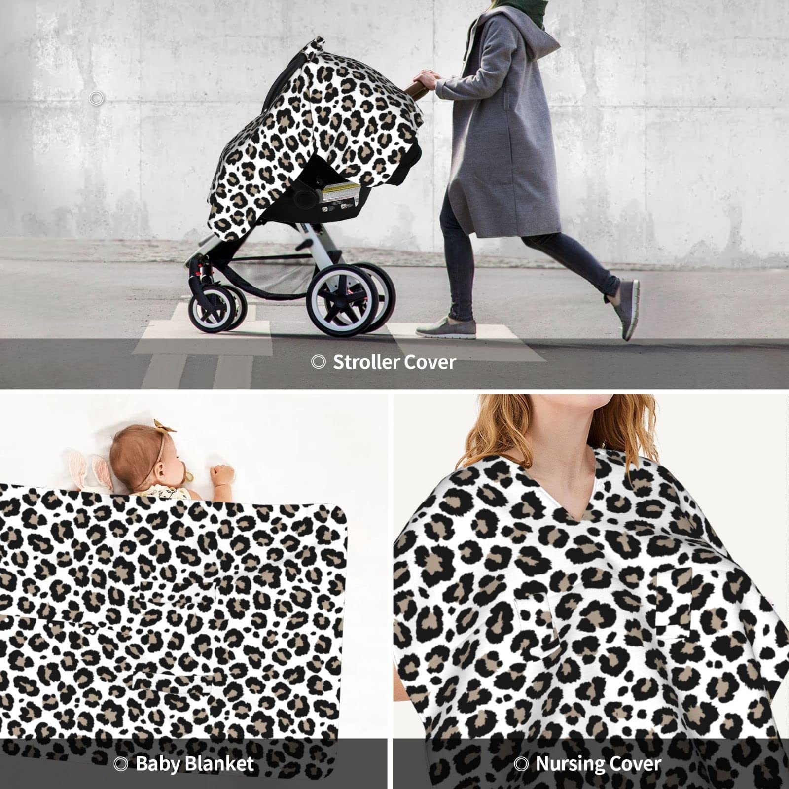 9CH Car Seat Canopy for Babies, Peekaboo Opening Minky Car seat Cover for Baby Mom Nursing Breastfeeding Covers, Minky Blanket for Infant Toddler (Leopard)