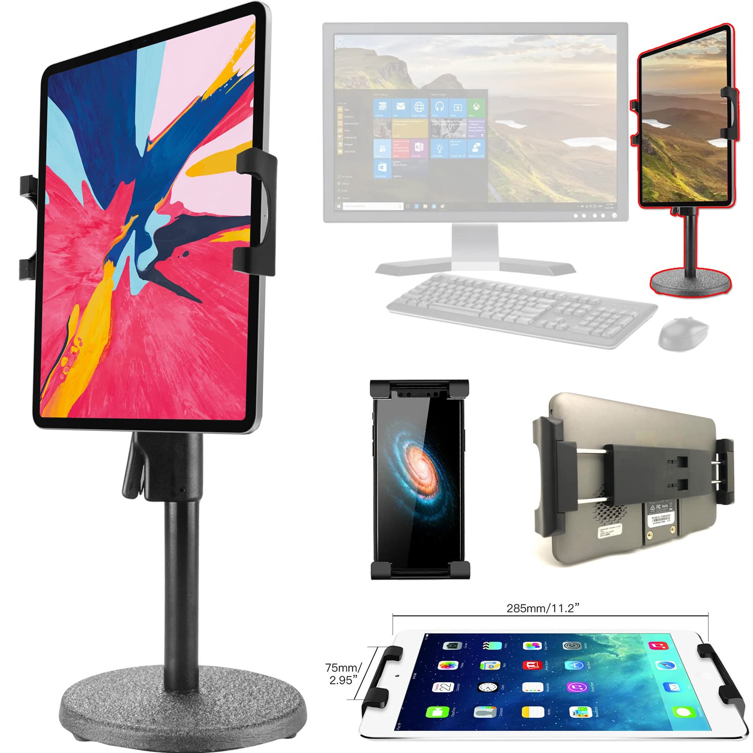 Accessory Basics Universal Tablet/Smartphone 3 in 1 Metal Base CounterTop Table DoorDash Postmate Grubhub Uber Eats Mount Stand for 6 to 13" Screen Tablets and Smartphones