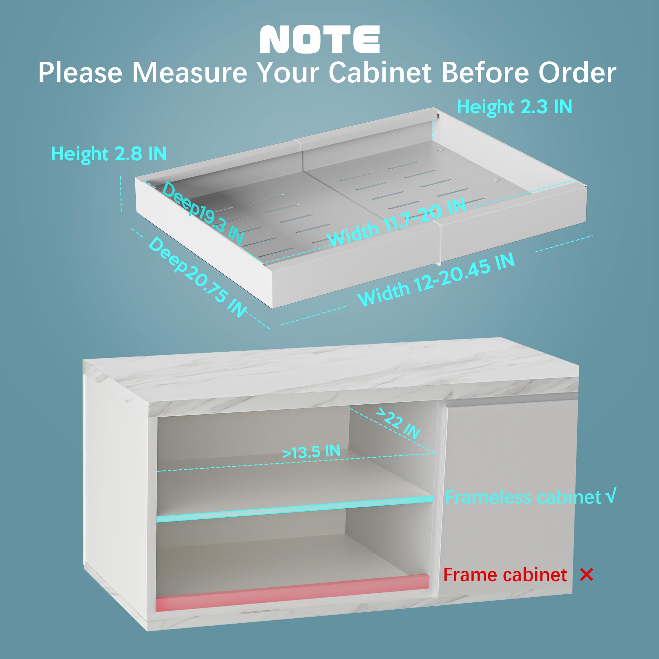 2Pack Expandable Pull Out Cabinet Organizer 21" Deep, Peel And Stick Slide Out Drawers for Kitchen Cabinet, Cabinet Pull Out Shelves, Roll Out Drawers Adjustable Width 12"-20.45" White