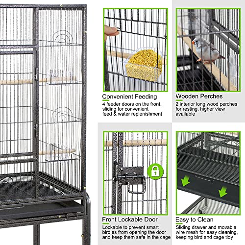 Epetlover 53 Inch Height Wrought Iron Standing Parrot Large Flight Bird Cage with Rolling Stand Birdcages for Parakeet Cockatiel Conure Lovebird Finch Black