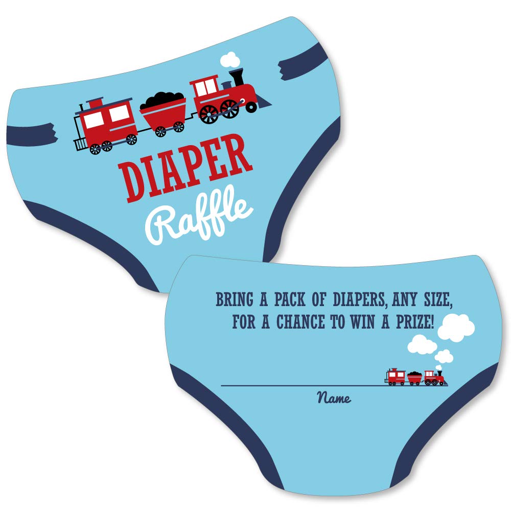 Big Dot of Happiness Railroad Party Crossing - Diaper Shaped Raffle Ticket Inserts - Steam Train Baby Shower Activities - Diaper Raffle Game - Set of 24