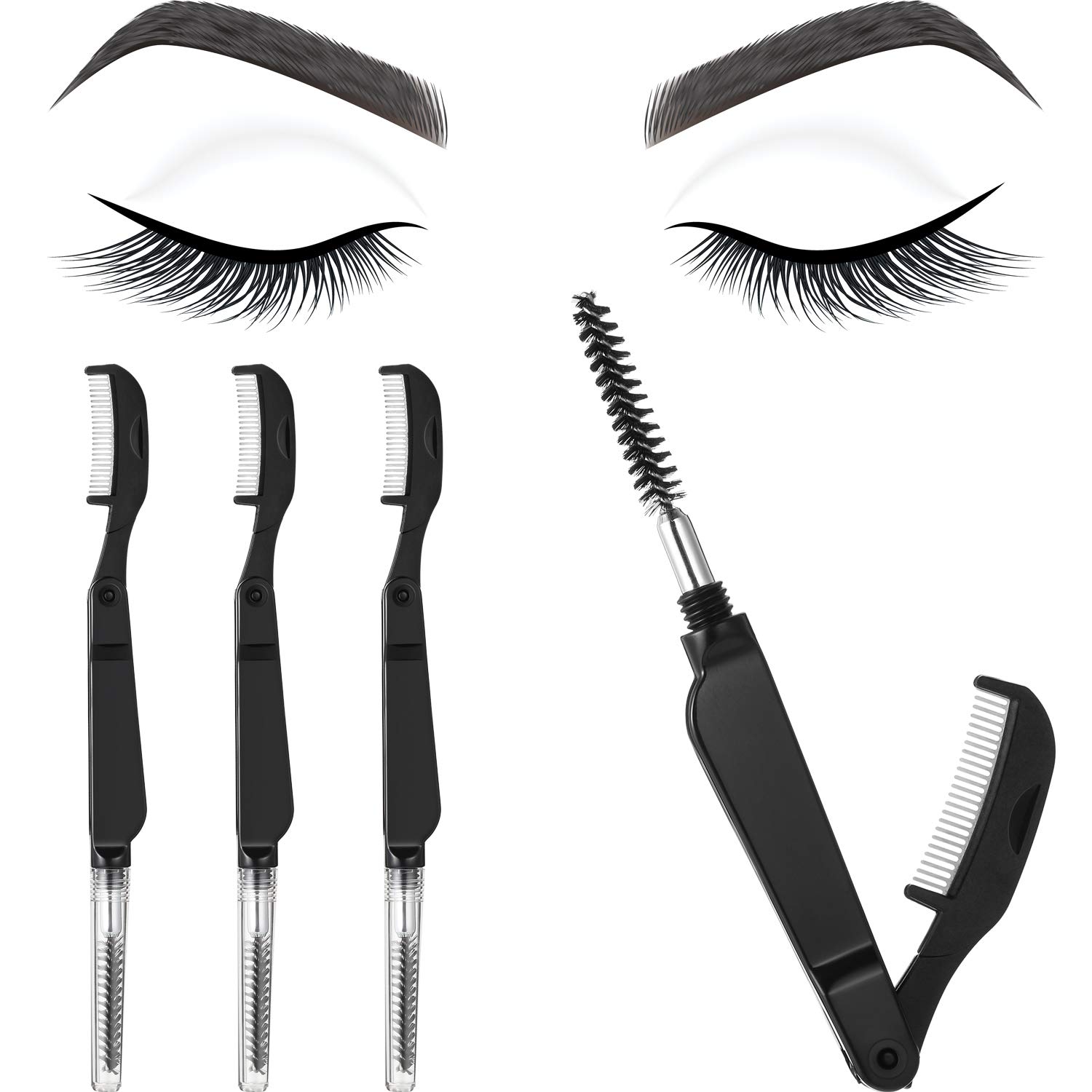 Boao 4 Pcs Eyelash Combs Eyebrow Combs Foldable Eyelash Separator Tool Stainless Steel Teeth Brow Brushes Mascara Brushes Eyebrow Spoolie Grooming Makeup Tool, Black