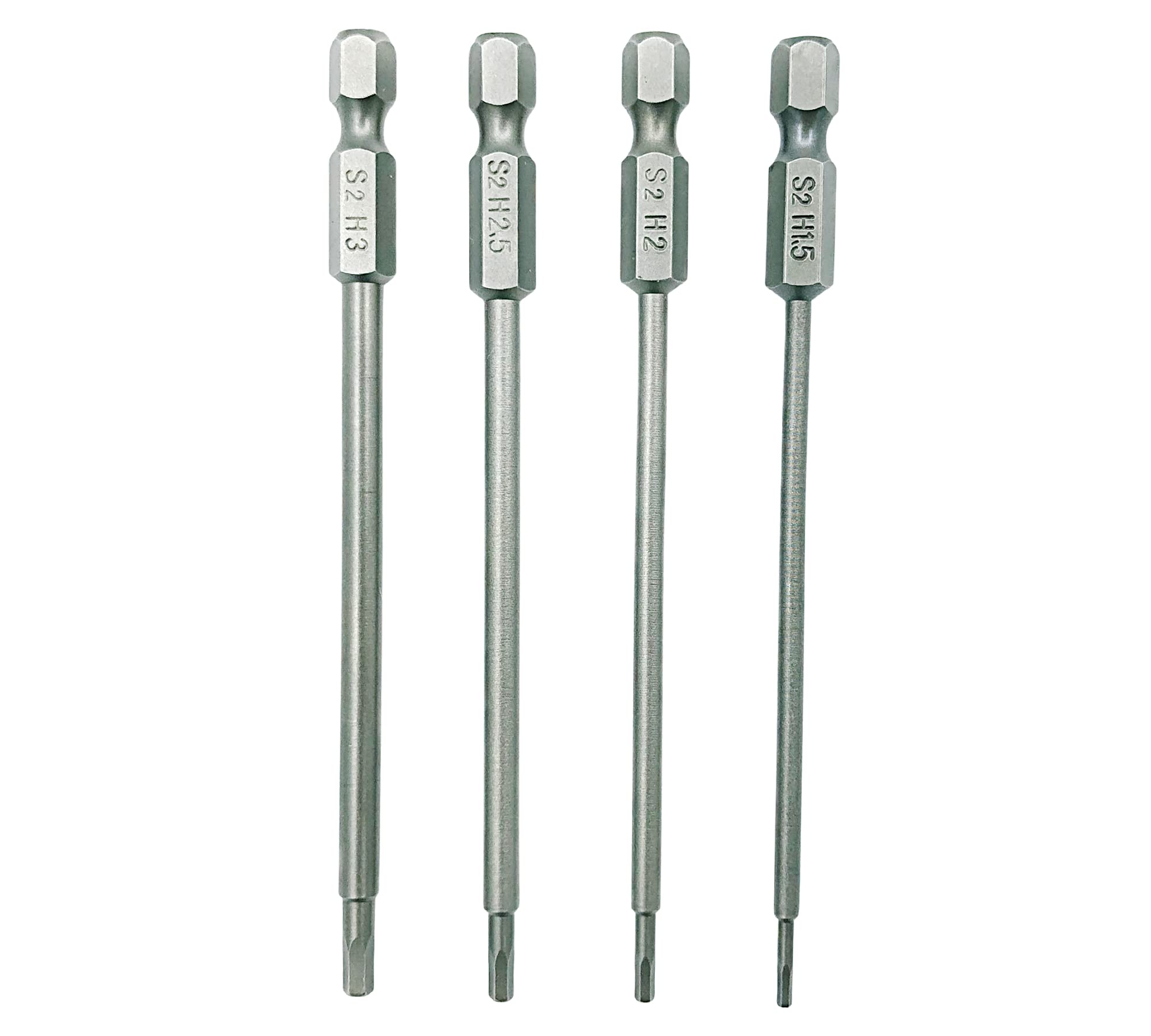 HOPLEX RC Hex Bit Set Hex Head Allen Wrench Drill Bit Set 1.5, 2.0, 2.5 & 3.0mm Upgrading of S2 Steel 1/4" Hex Shank 3.9" Long for Screwdrivers Bit Electric Screwgun/Power Drill RC Repair Working