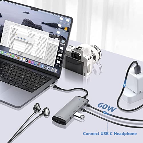5 IN 1 USB C to 3.5mm Headphone and Charger Adapter, USB C Hub OTG USB 3.0 Data Adapter PD 60W Charger Fit with iPad Pro/iPad Air Mini/Macbook Pro/Air, Galaxy S23 S22 Note 20 Ultra, Pixel 7 6 Pro