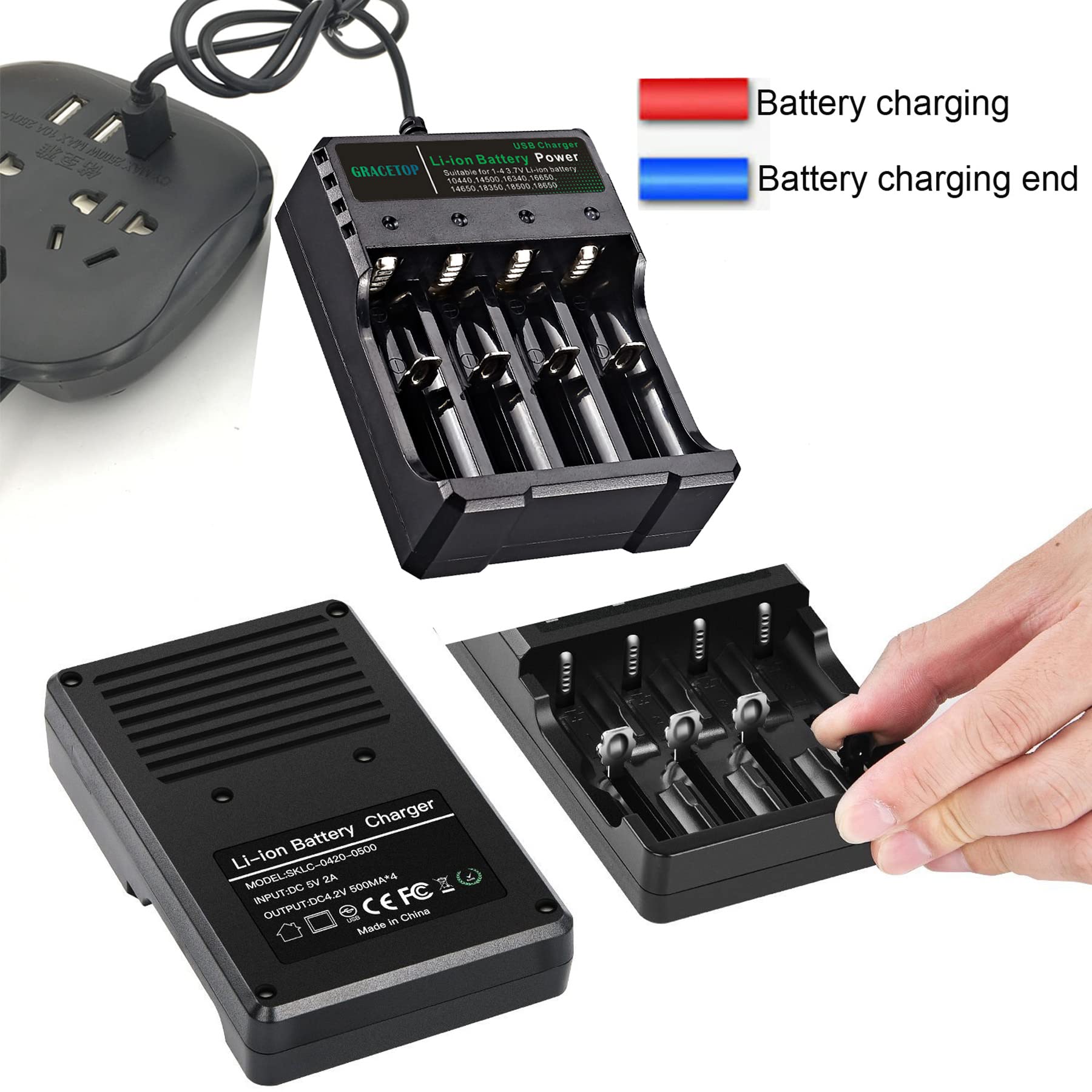 18650 Battery Charger 4 Bay, Smart Universal Charger for Flashlight Headlamp Battery 3.7V Lithium Li ion Batteries Compatible 18650 14500 16340 Battery Charger