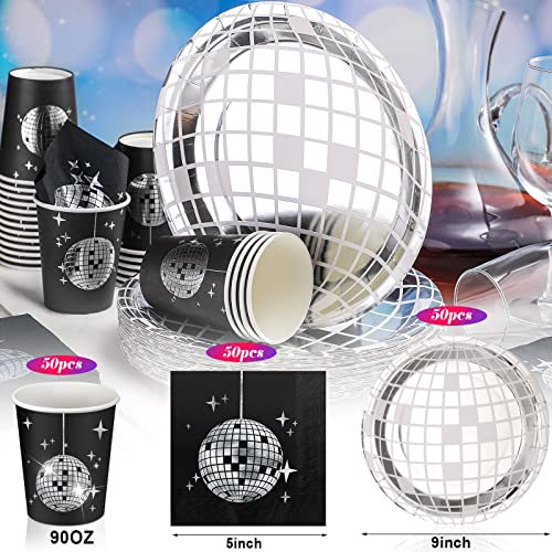 70s Disco Party Supplies Includes 50 Pcs Silver Disco Ball Paper Dinner Plates 50 Pcs Disco Paper Cups 50 Pcs Disco Party Cocktail Napkins for Disco Wedding Party Picnic Travel (Black and Silver)