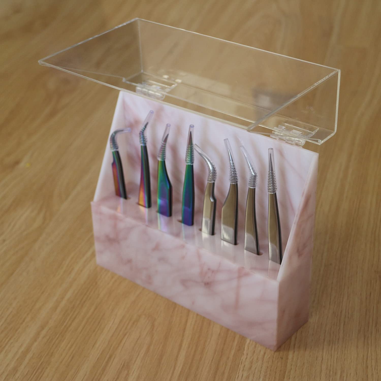 Dust-proof Eyelash Tweezers Holder with Cover, Acrylic MarbleTweezer Organizer for Lash Cart (Pink)