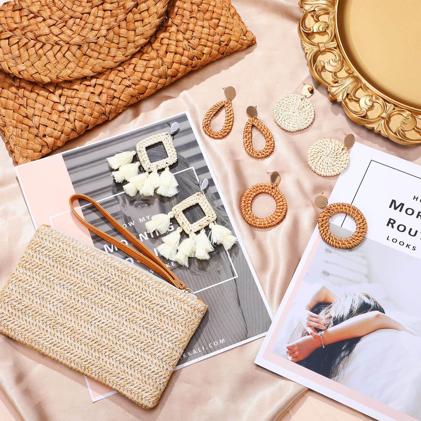 2 Pcs Women's Straw Clutch Purse and 4 Pairs Rattan Earrings Lightweight Boho Geometric Woven Straw Earrings (Elegant Style)