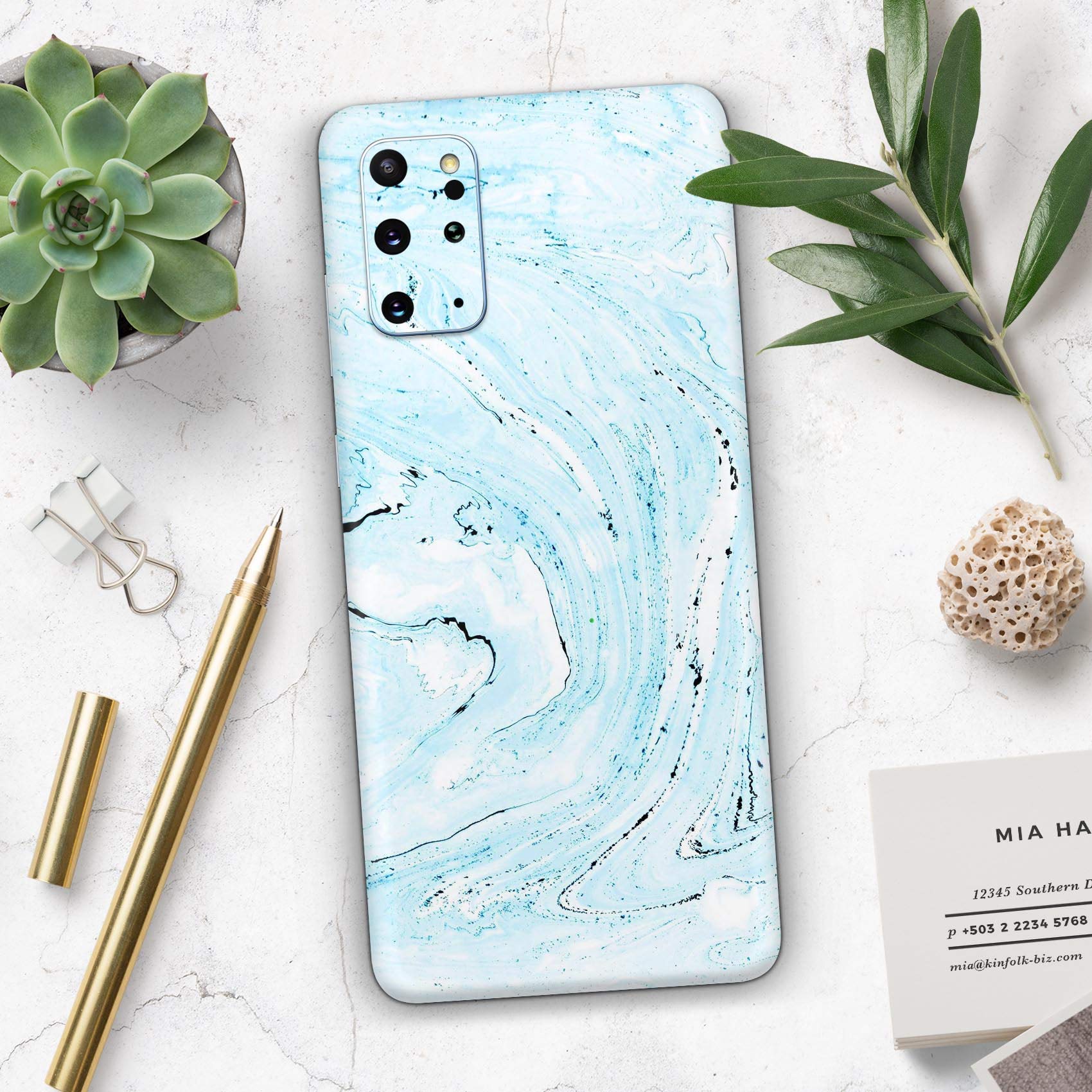 DesignSkinz Ocean Blue Textured Marble Protective Vinyl Decal Wrap Skin Cover Compatible with The Samsung Galaxy S20 (Screen Trim & Back Glass Skin)