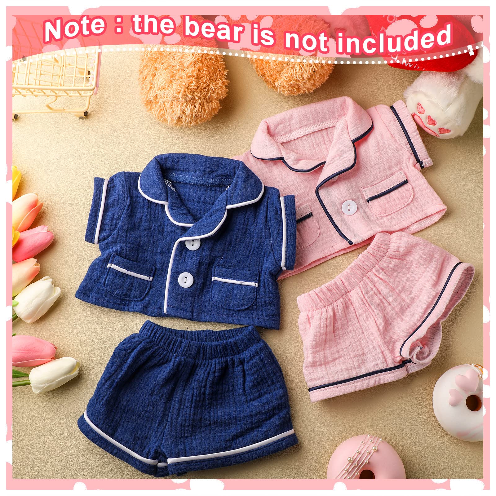 2 Sets Bear Clothes Stuffed Animal Clothes Bear Accessories Pink and Blue Bear Pajamas Clothes Double Layer Muslin Short Sleeve Top and Bottom Pajamas Fits Most 14-18 Inch Bears
