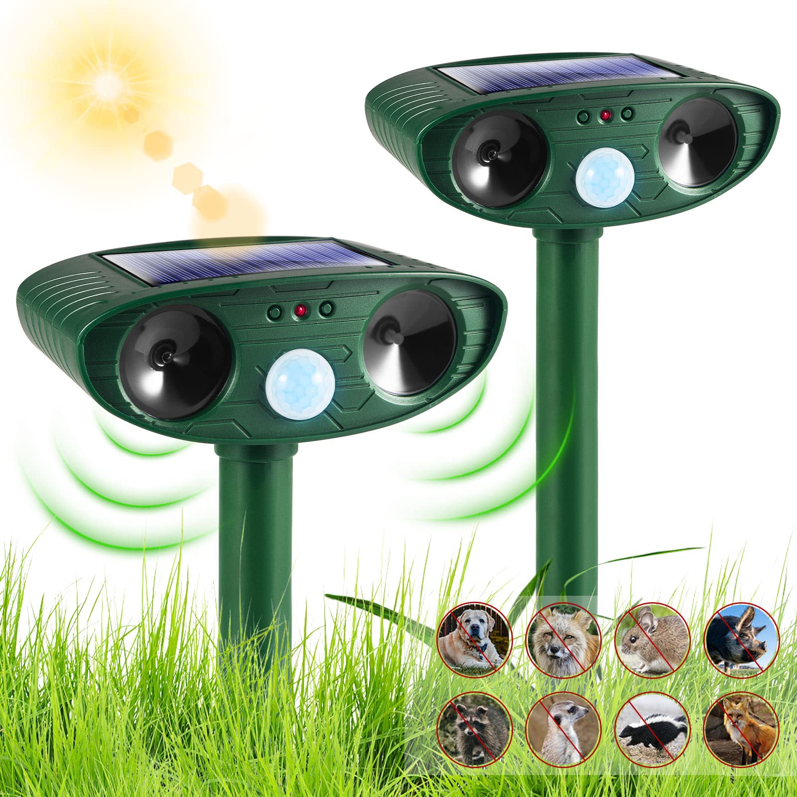 Jahy2Tech Solar Ultrasonic Animal Repellent Outdoor Cat Repellent Deer Repellent with PIR Motion Detection Squirrel Repellent Rabbit Repellent Keep Animals Rat Fox Skunk Dog Away Lawn Garden, 2 Pack