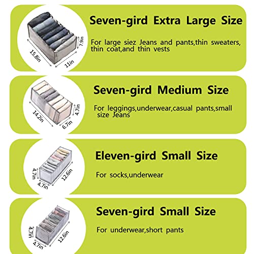 6 Pcs Extra large Drawer Organizers For Clothing,7 Gird Washable Wardrobe Clothes Organizer For Mesh Foldable Closet Dividers Nylon Fabric Storage Box for jeans,underwears,Leggings,pants,socks(Gray)