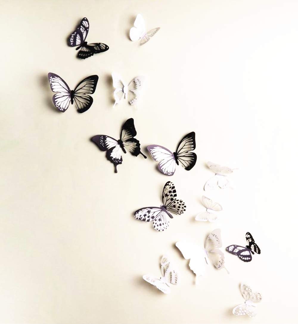 90 PCS 3D Butterfly Wall Stickers,Butterfly Decor PVC Crystal Butterfly,Art Decal Satin Paper Butterflies Home DIY Decor Removable Sticker,Bedroom Showcase Nursery Butterfly Wall Decor(Black-White)