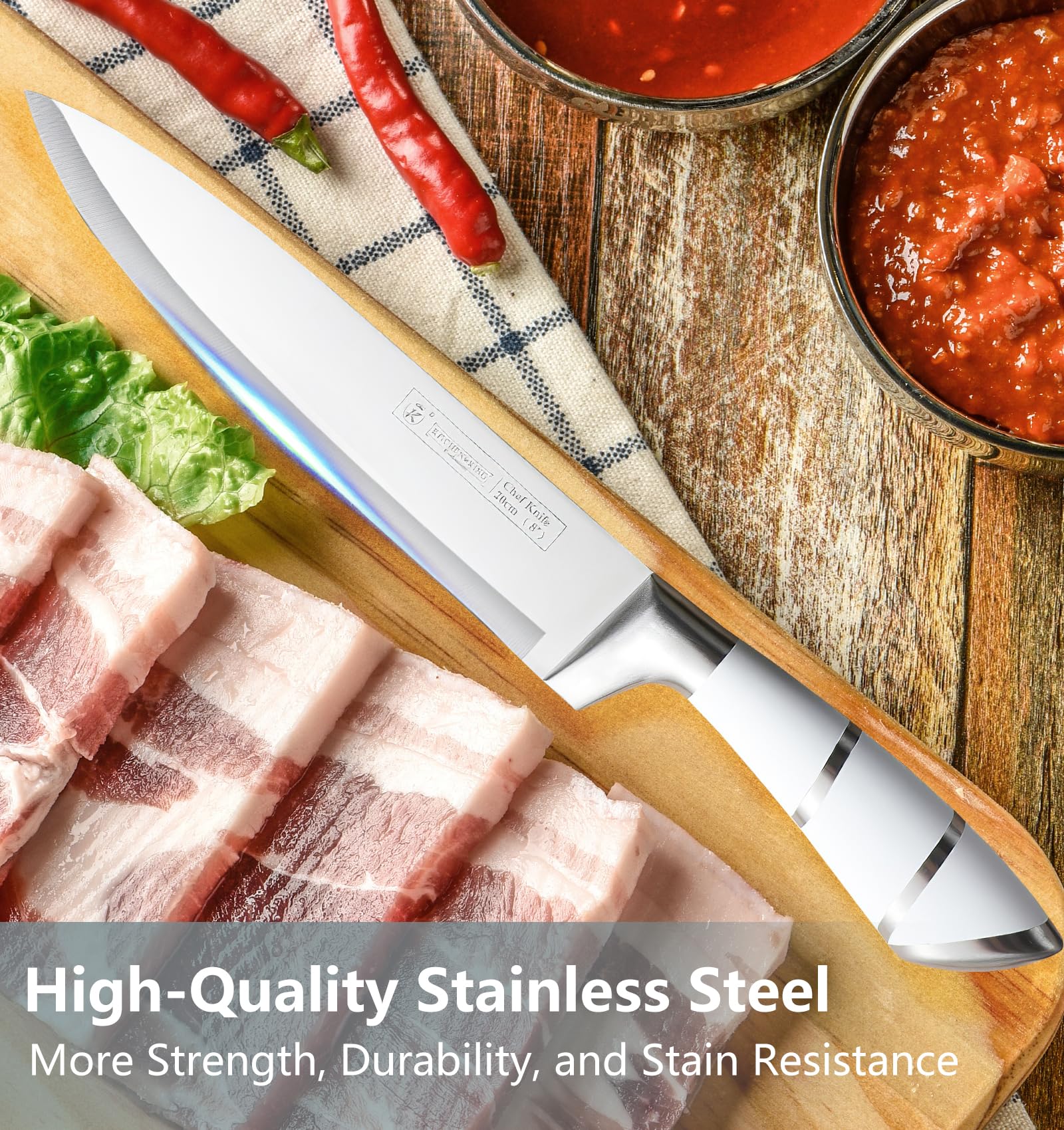 9Pcs White Kitchen Knife Set, DUFEIMOY Chef Knife Set Professional, Stainless Steel Knife Block Set with Scissors, Peeler and Knife Sharpener Rod for Cooking Meat Cutting