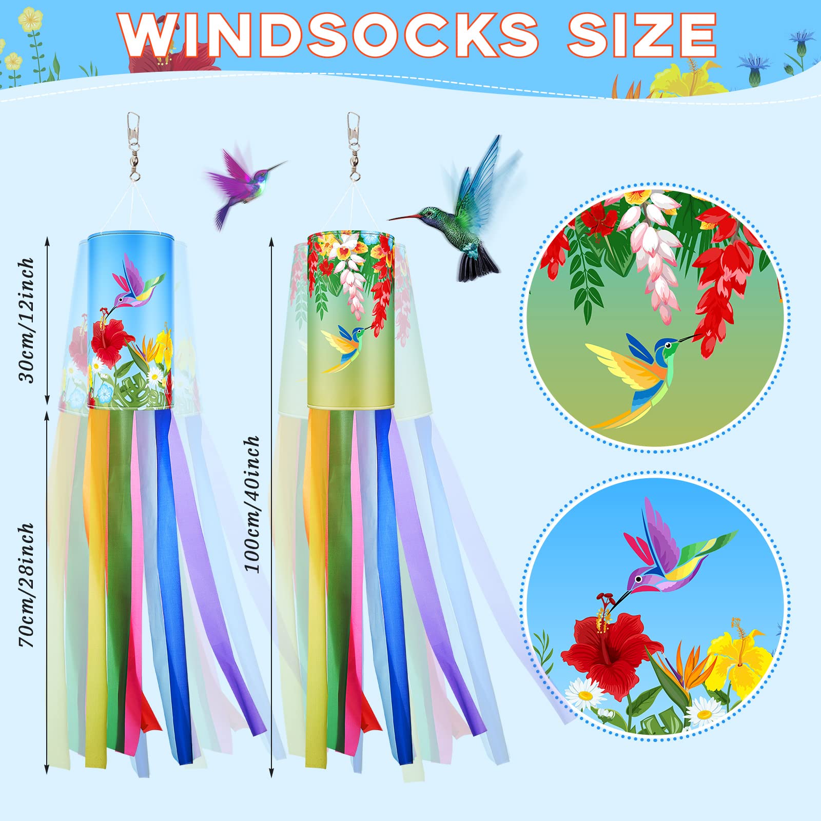2 Pcs 40 Inches Twin Hummingbird Windsock, Decorative Spring Wind Socks Rainbow Outdoor Decor Windsock Flag Hanging Decor for Wall Tree Front Patio Lawn Garden