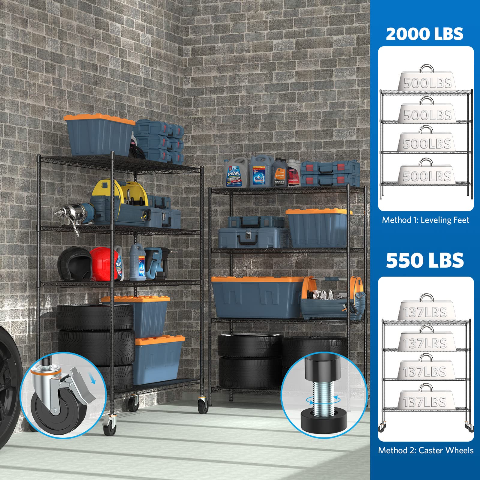 Raynesys Wire Shelving, 2000 Lbs Heavy Duty 60x24x72 Inch Shelving Metal Shelves with 4" Wheels, 4-Tier NSF Steel Wire Storage Shelf Commercial Grade Adjustable Utility Rack for Garage Kitchen, Black