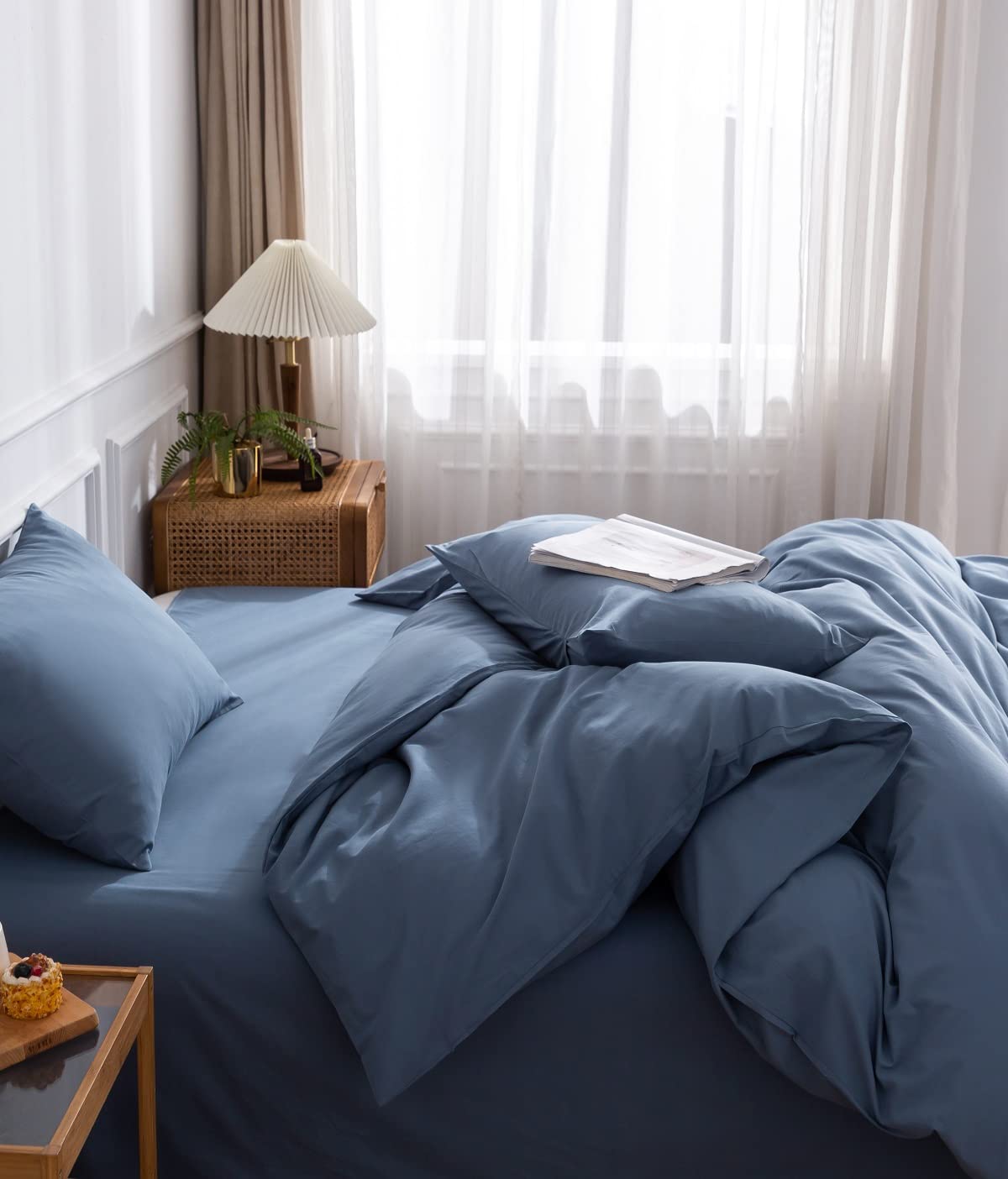 TazmKezm Blue Duvet Cover Set 100% Washed Cotton Duvet Cover Full Size,3 Pieces Luxury Soft Bedding Set with Zipper Closure.Solid Color Pattern Duvet Cover(80x90 Inch)