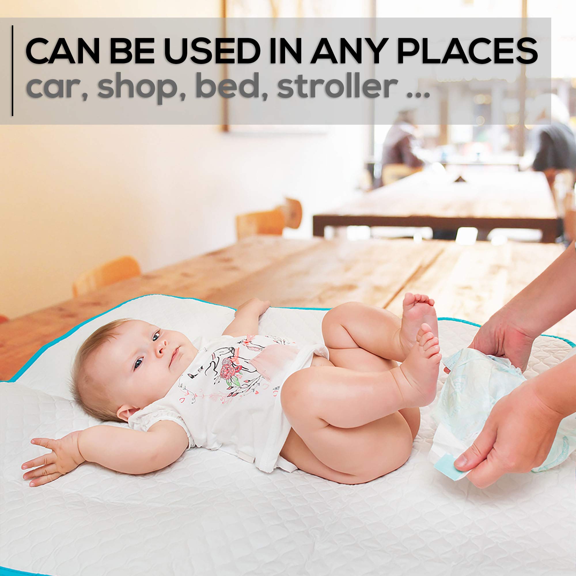 Baby Diaper Changing Mat - 31,5 x 25,5 inch Waterproof Portable Travel Changing Pad - Wipable Liners for Newborn Todlers Kids - Foldable Large Baby Nappy Changer Mat (White w/Turquoise Changing mat)