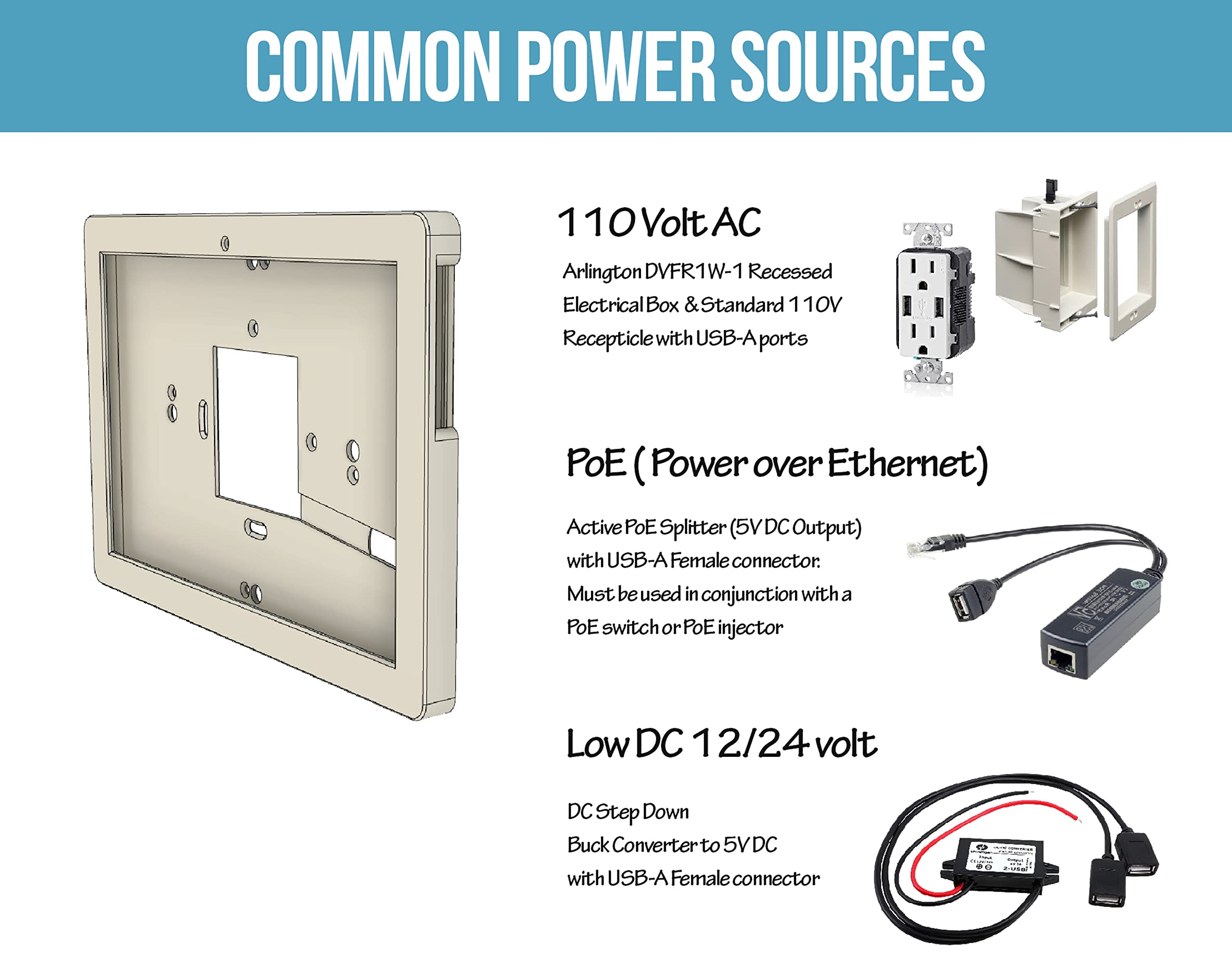Smart Home Mount Tablet Wall Mount Kit with Integrated Power Cable - Fits Fire 10 - White