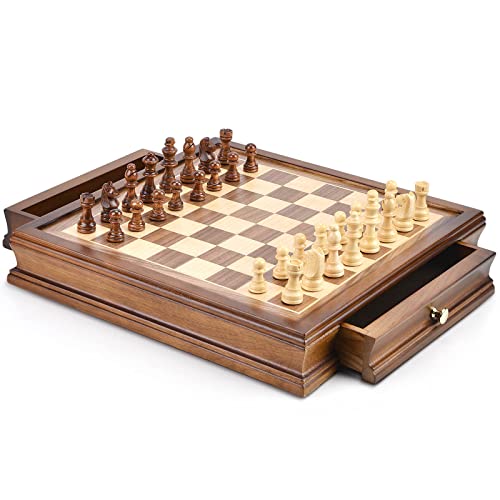 AMEROUS 12.8" x 12.8" Magnetic Wooden Chess Set with 2 Built-in Storage Drawers - 2 Bonus Extra Queens - Gift Packaging - Staunton Chess Pieces, Board Games Chess Sets for Adults and Kids