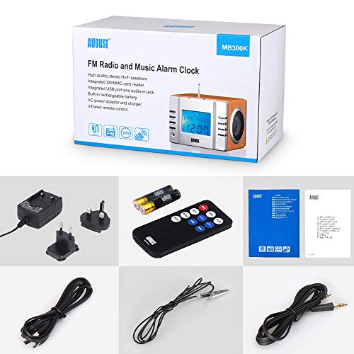 August MB300 Mini Wooden MP3 Stereo System and FM Clock Radio, with Card Reader, USB Port & AUX Jack (3.5mm Audio In), 2 x 3W Powerful Hi-Fi Speakers and Built-in Rechargeable Battery