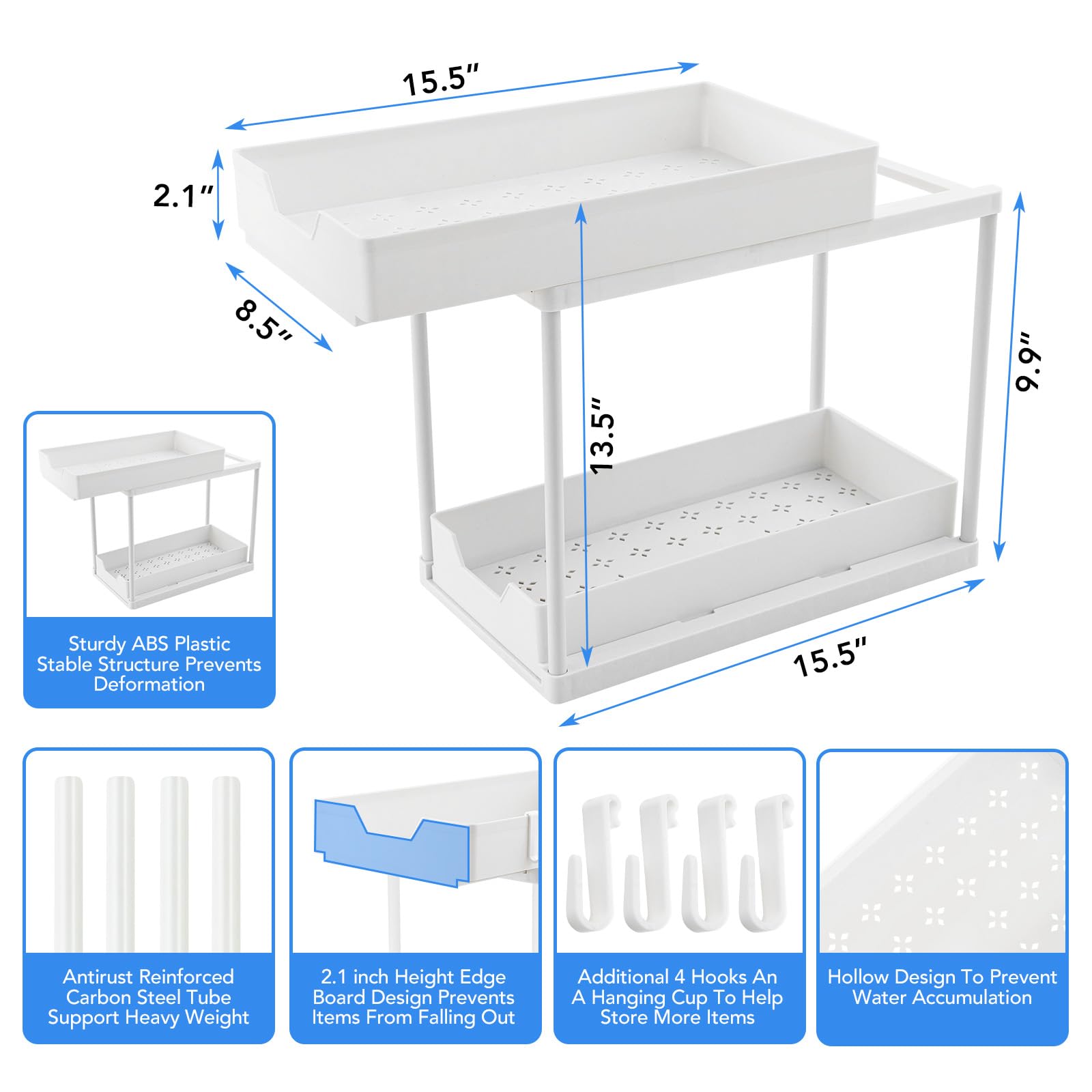 2-Tier Under Sink Organizer Storage, Double Sliding Under Cabinet Basket Organizer with 2 Pull Out Drawers & 4 Hooks, Multi-Purpose Under Shelf Organizer for Bathroom Kitchen (White, 2 Pack)