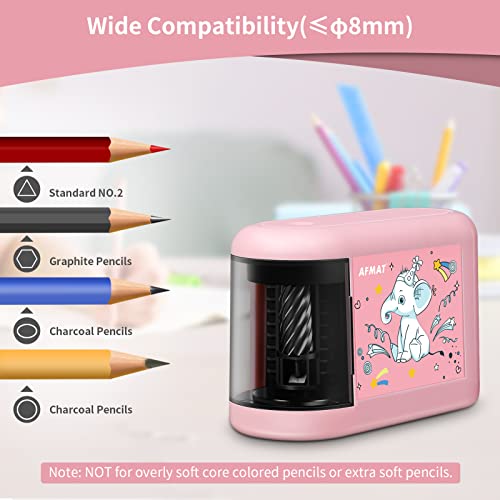 AFMAT Electric Pencil Sharpener for Kids, Cute Pink Pencil Sharpener (Elephant Pattern), Cordless Pencil Sharpener for 8mm Pencils, Battery Operated Electric Pencil Sharpener for Home, Office, School