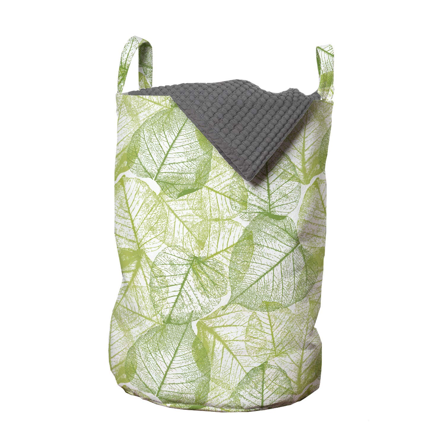 Ambesonne Leaves Laundry Bag, Botanical Abstract Sketch Print Style Leaf Fresh Nature Elements, Hamper Basket with Handles Drawstring Closure for Laundromats, 13" x 19", Lime Green Apple Green
