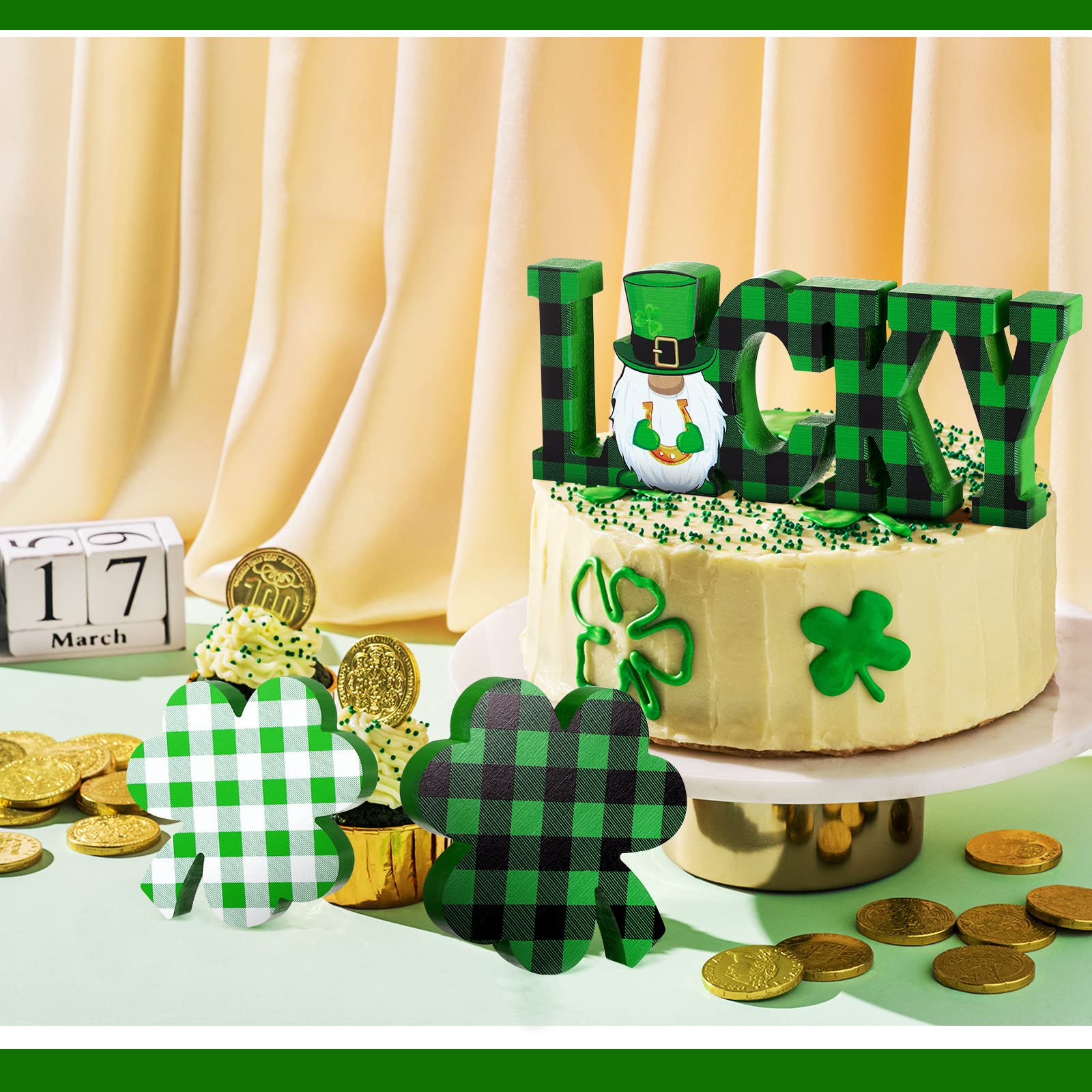 3 Pieces St. Patrick's Day Table Wooden Signs, Shamrock Tiered Tray Decor Lucky Table Decor Irish Freestanding Tray Tabletop Decorations for Home Decor Party Decoration