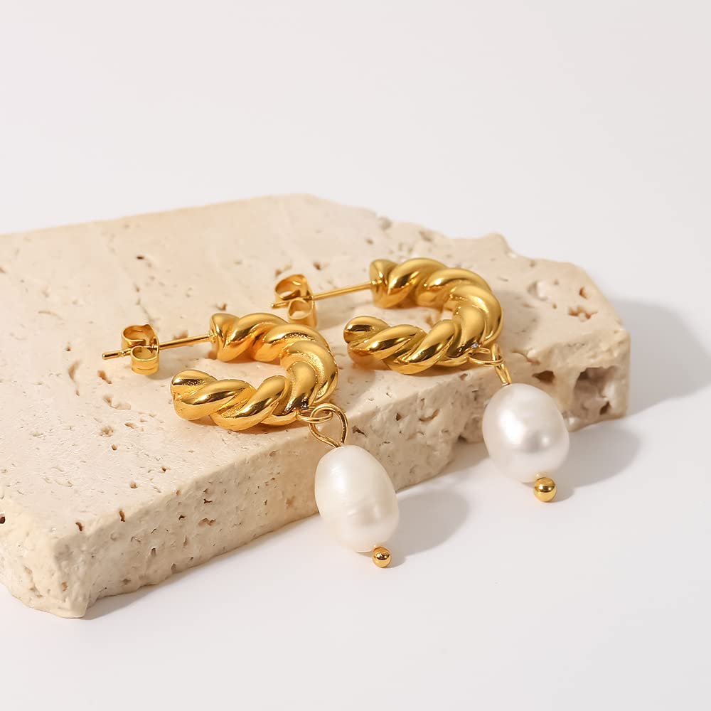 18k Gold Pearl Drop Earrings Hypoallergenic With Fresh Water Pearls [Gift Box included]