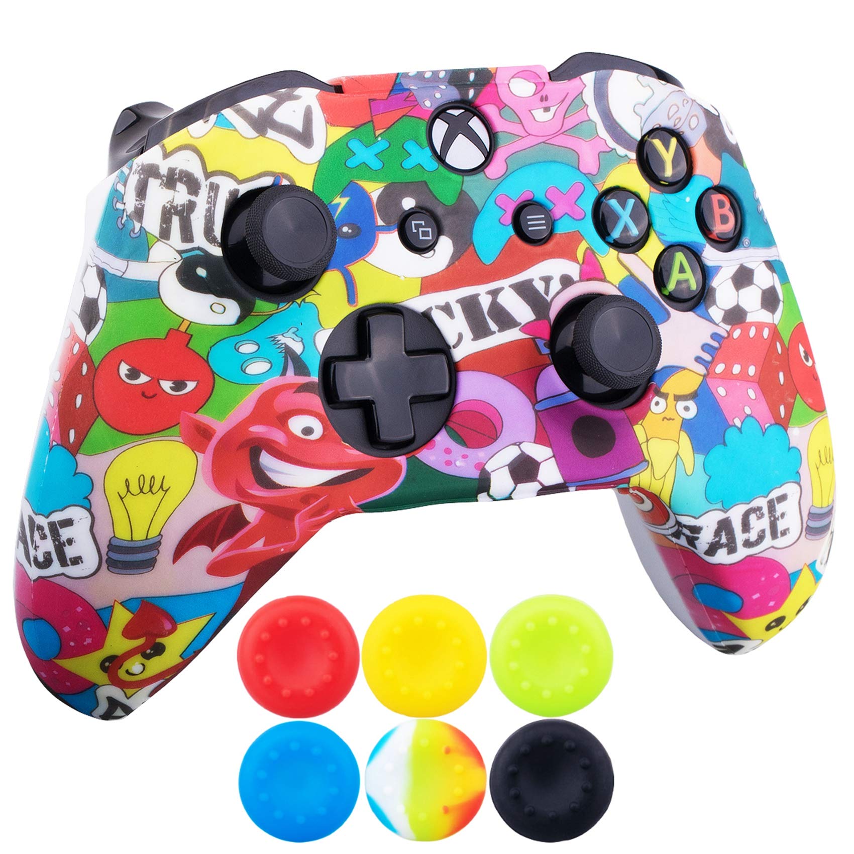 9CDeer 1 Piece of SiliconeTransfer Print Protective Cover Skin + 6 Thumb Grips for Xbox One/S/X Controller Grimasse