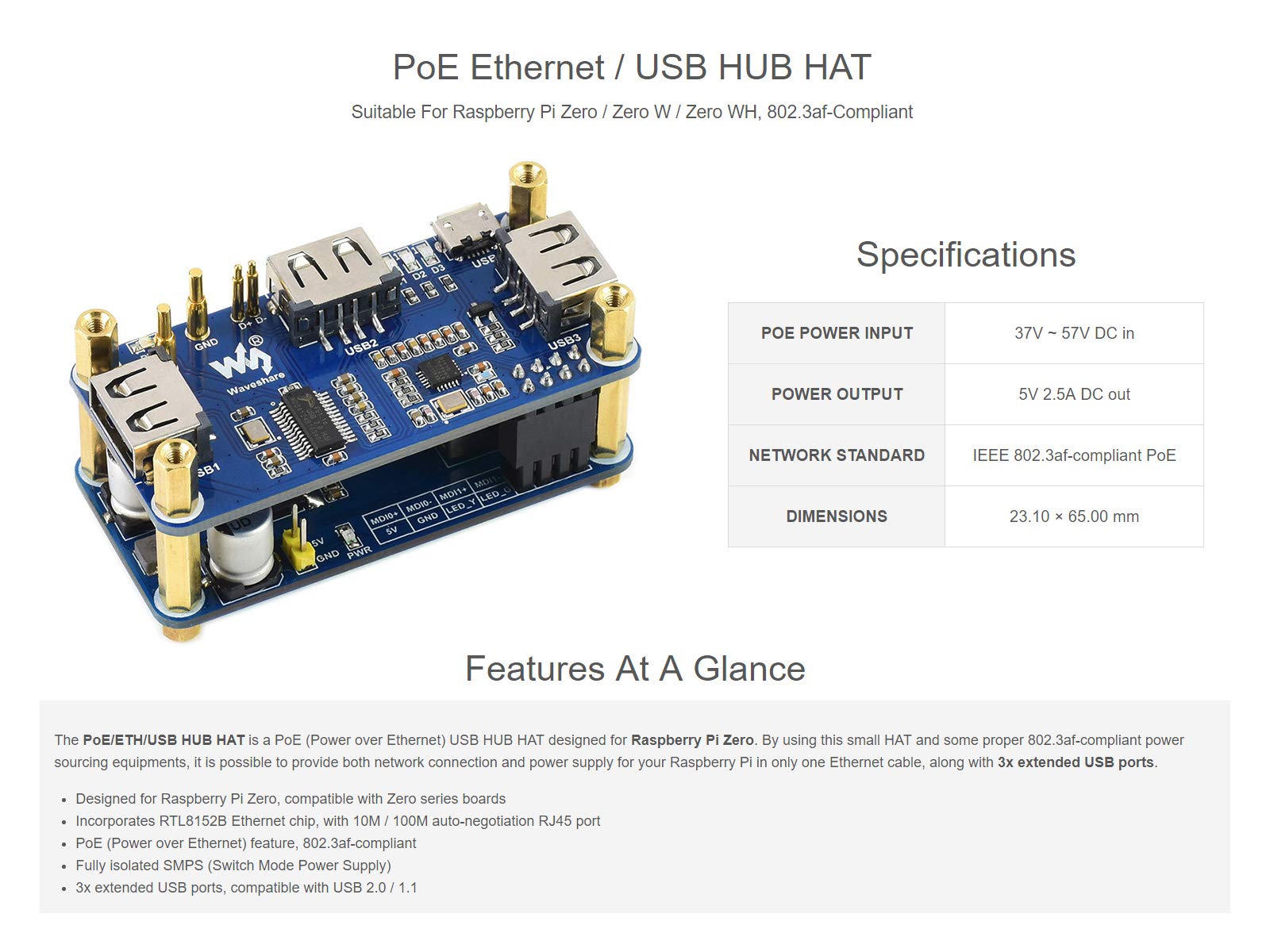 waveshare PoE Ethernet/USB HUB HAT Expansion Board for Raspberry Pi Zero/Zero 2 W/W/WH, with 1 RJ45 10/100M Ethernet Port, 3 USB Ports Compatible with USB2.0/1.1,802.3af-Compliant