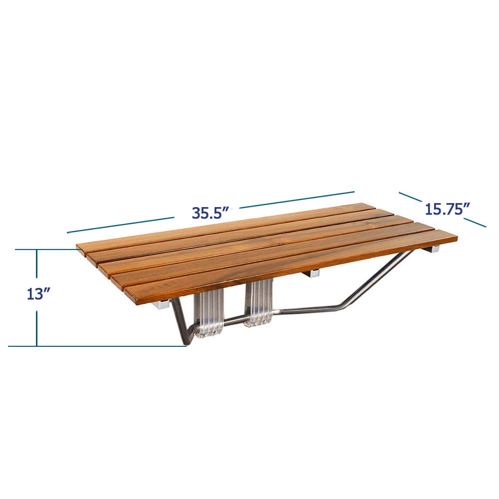 36" ADA Compliant Foldable Teak Wood Shower Seat Bench, 400lb Capacity, Clear Coated for Extra Protection, Folding Wall Mount Modern Chrome, Medical Fold Up Bathroom Stool Chair