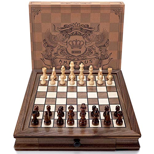 AMEROUS Magnetic Wooden Chess Set, 12.8" x 12.8" Chess Board Game with 2 Built-in Storage Drawers - 2 Bonus Extra Queens - Chess for Beginner, Kids and Adults, Gift Packaging