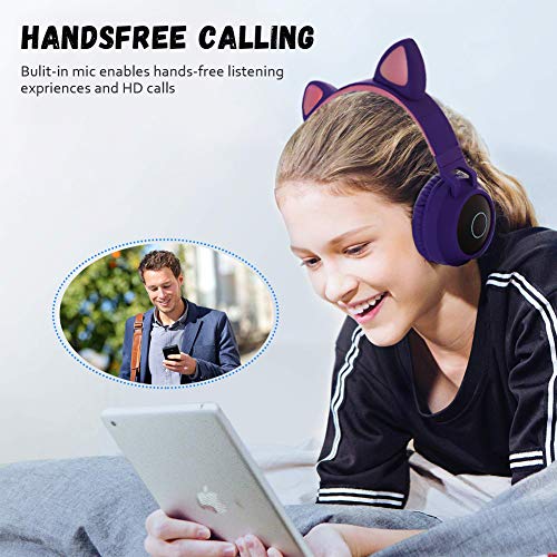 Luckyu Kids Bluetooth 5.0 Cat Ear Headphones Foldable On-Ear Stereo Wireless Headset with Mic LED Light and Volume Control Support FM RadioTF CardAux in Compatible with Smartphones PC Tablet (Red)