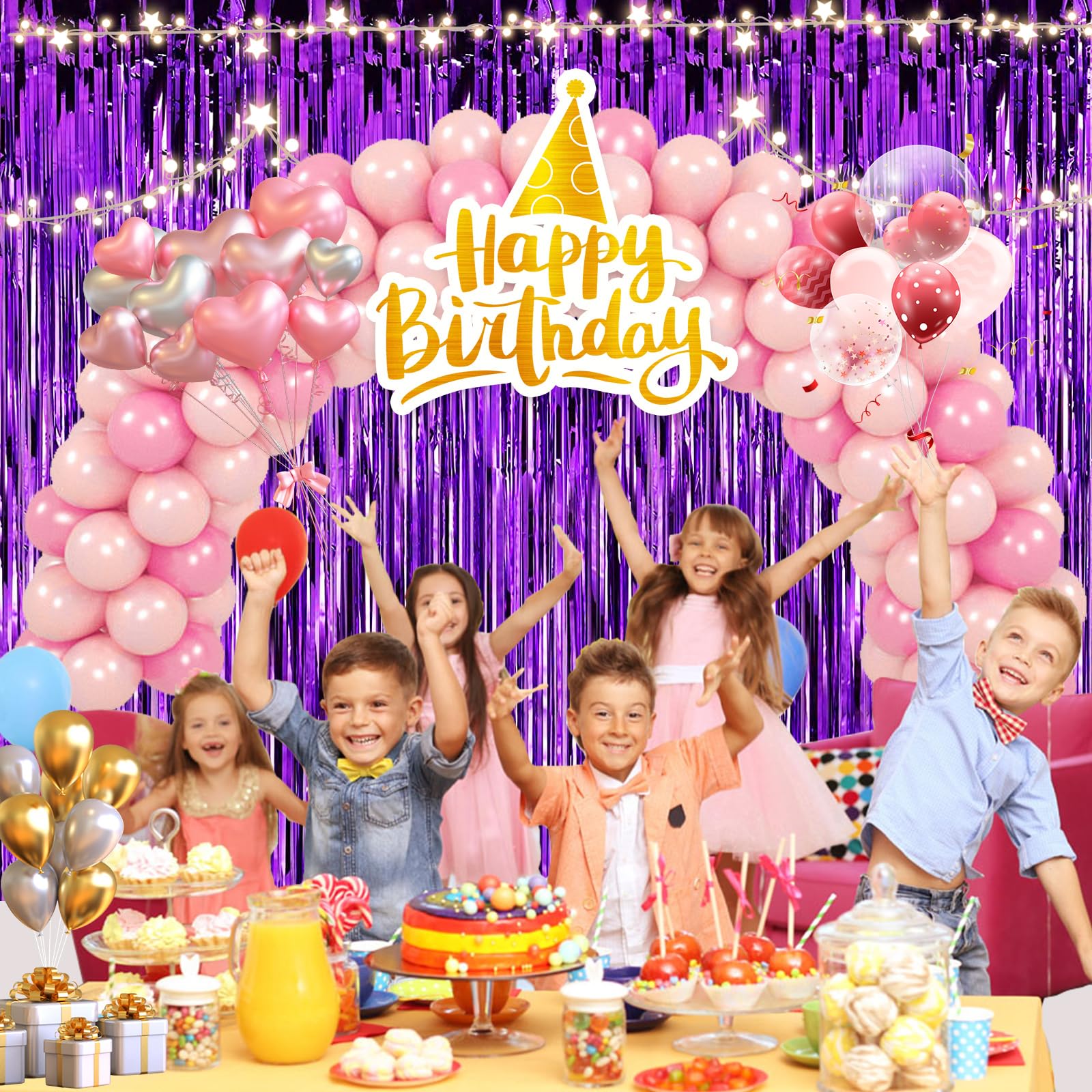 2 Pack 3.2 ft x 9.8 ft Purple Tinsel Curtain Party Backdrop Decorations, Metallic Foil Fringe Backdrop Door for Halloween, Christmas, Birthday Graduat
