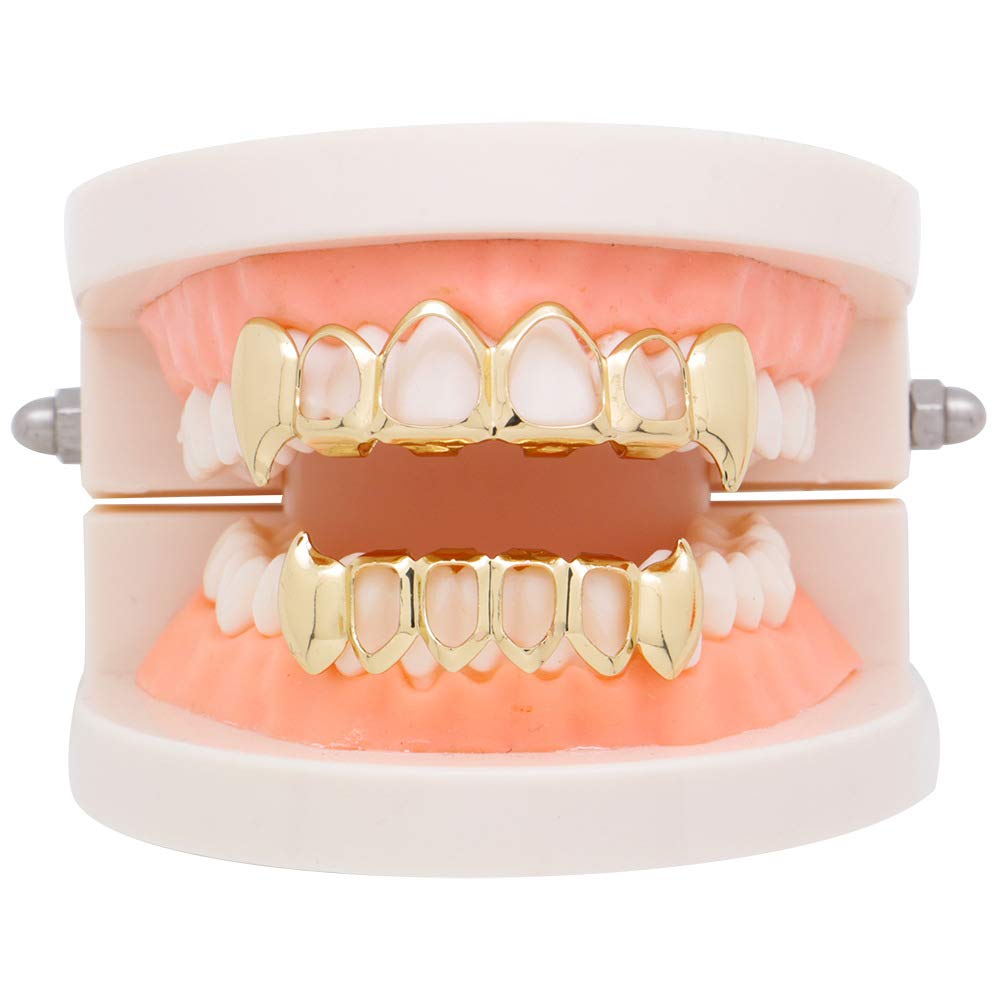 18K Gold Plated Grillz Fangs 6 Open Face Silver Plated Top & Bottom Set