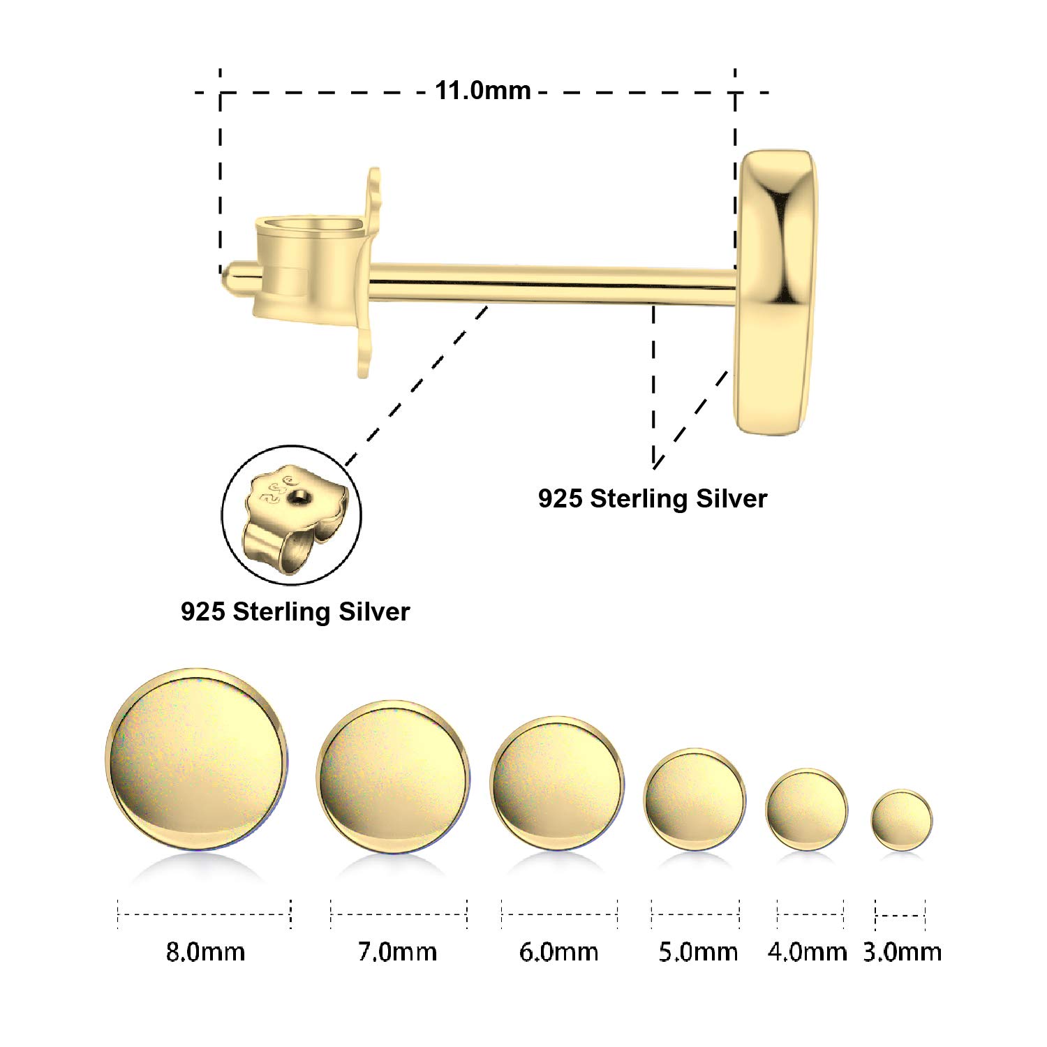 18K Gold Plated Sterling Silver Dot Stud Earrings 3mm-10mm Options, Flat Round Disc Studs Hypoallergenic Jewelry (5mm)