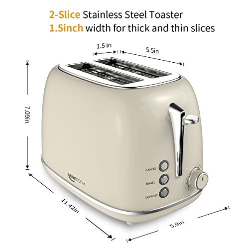 2 Slice Toaster, Keenstone Toaster with 6 Browning Settings, 1.5 In Extra Wide Slots, Stainless Steel Housing, Bagel/Defrost/Cancel Function, Removable Crumb Tray, 825W for Breakfast Bread -Beige