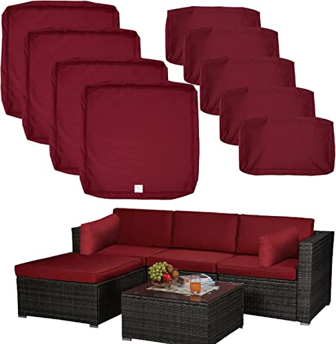 9 Pack Outdoor Patio Cushions Pillows Replacement Covers Fit for 5 Pieces 4-Seater Wicker Rattan Furniture Conversation Set Sectional Sofa Chair,Water-Resistant Fadeless,Burgundy-Cover Only