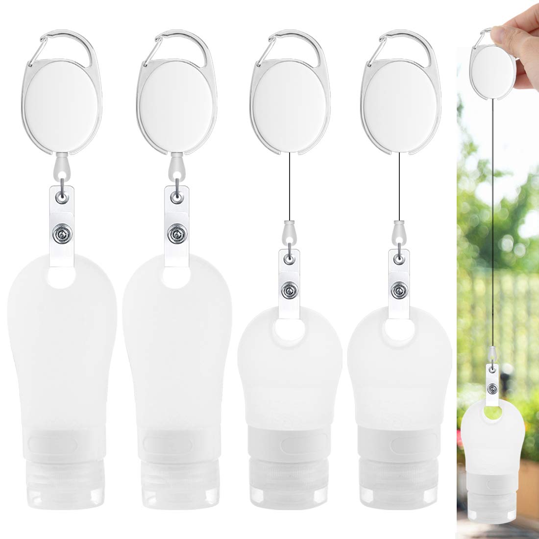 LUEXBOX 4 PACK Portable Travel Bottle Set, Leakproof Silicone Bottles with Stretchable Lanyard, Travel Sized Empty Liquid Bottles Container, Reusable, Squeezable and Refillable (White)