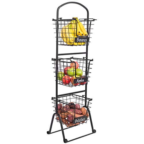 BIRDROCK HOME 3-Tier Wire Market Basket Stand with Chalk Label - Snack Fruit Vegetable Produce Metal Hanging Storage Bin for Kitchen Pantry - Free-Standing or Stacking Organizer - Black