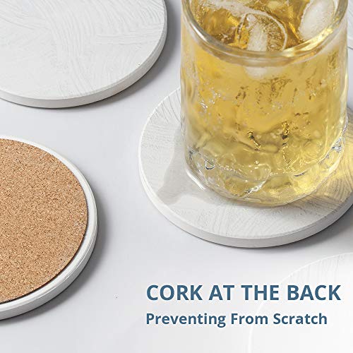 LIFVER Absorbent Drink Coasters with Holder, Set of 6 Ceramic Coasters with Cork Base, White Stone Coasters for Wooden Table, Housewarming Gift, White Elephant Gifts Idea, for Home Decor, 4 inches
