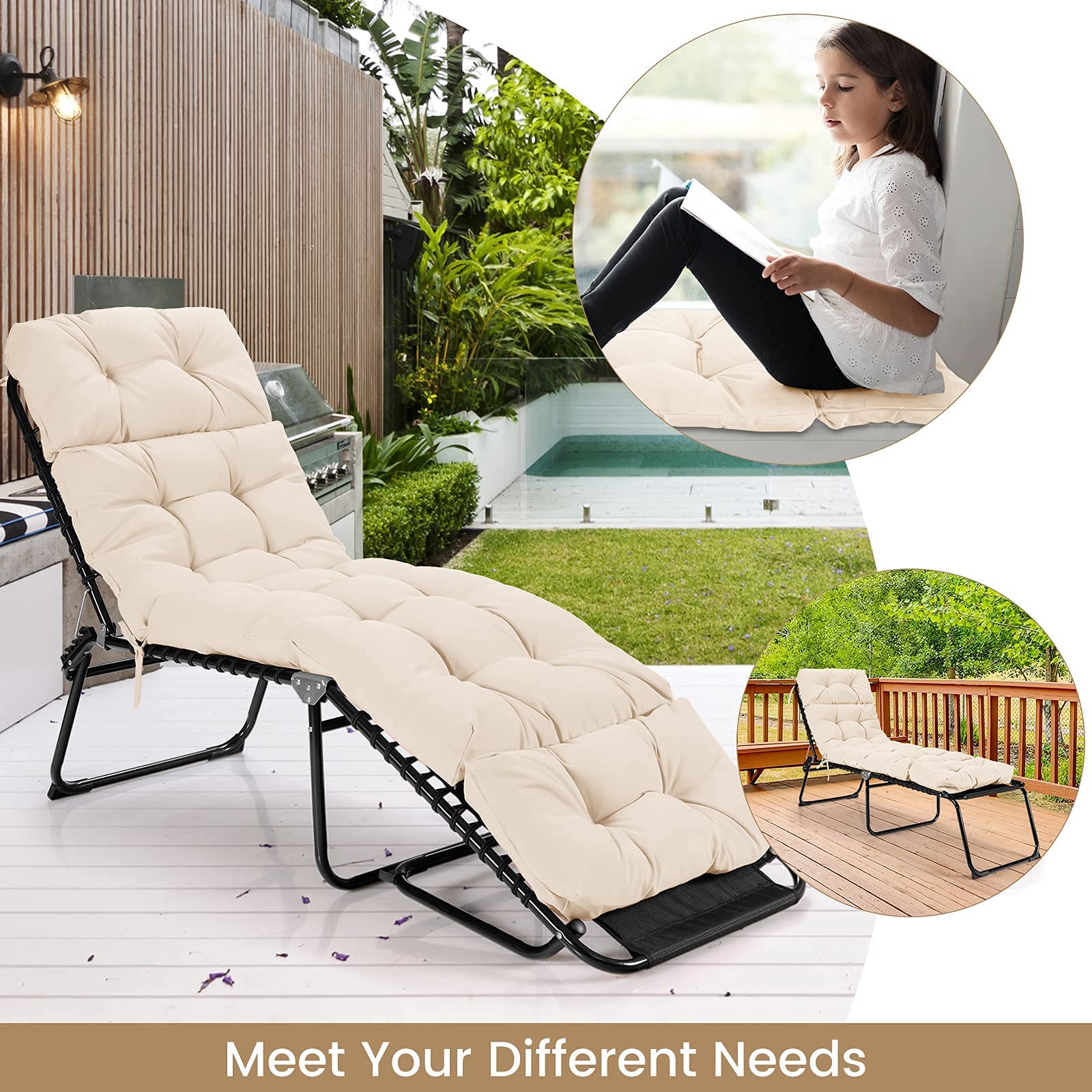 Chair, 72” x 22” x Chaise Lounge w/4 String Ties, Thickened, Tufted Patio Recliner for Outdoor Indoor Cushions, 1 Count (Pack of 1), Beige