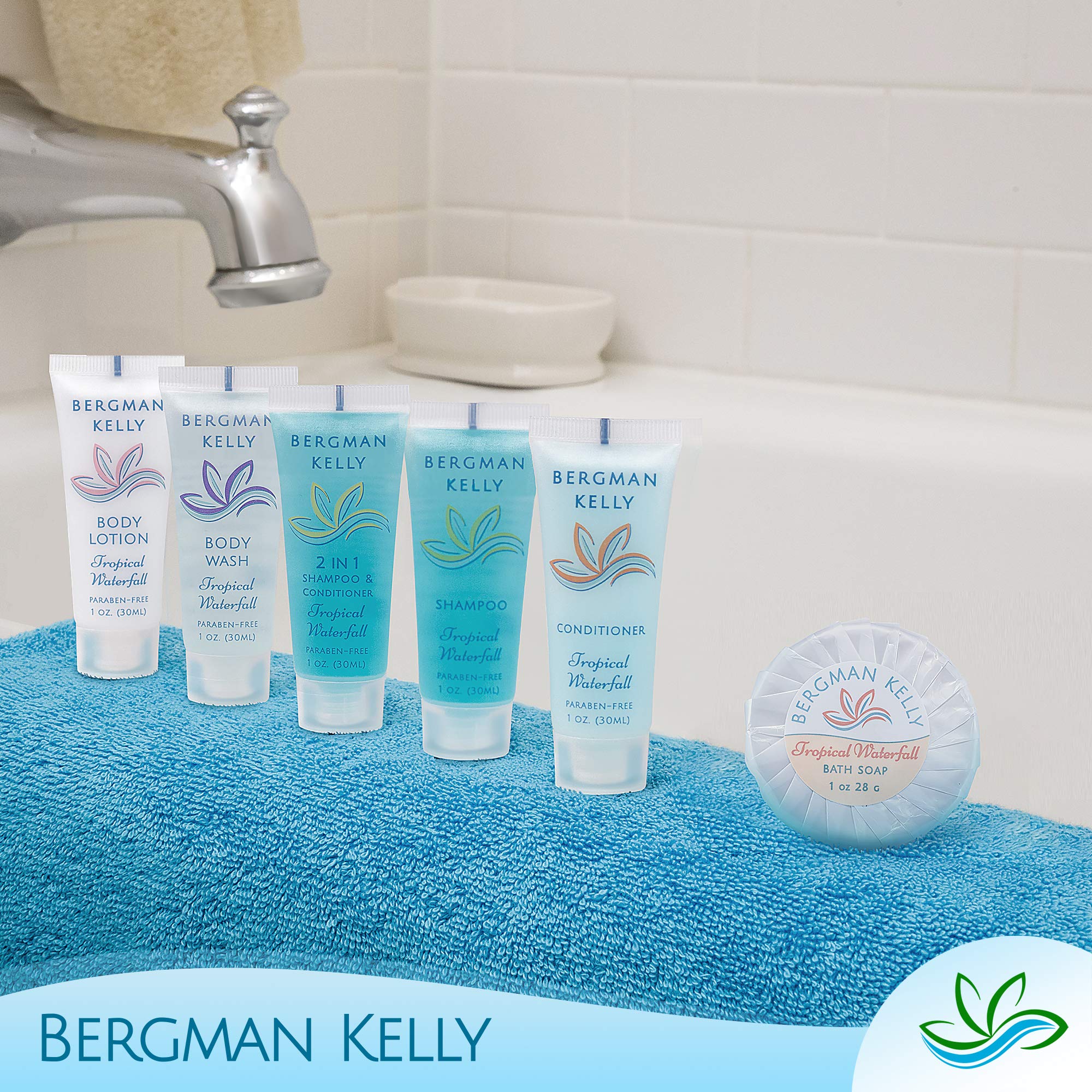 BERGMAN KELLY Travel Size Hotel Shampoo (1 fl oz, 100 PK, Tropical Waterfall), Delight Your Guests with Invigorating and Refreshing Shampoo Hotel Amenities, Mini & Small Size Luxury Shampoo in Bulk
