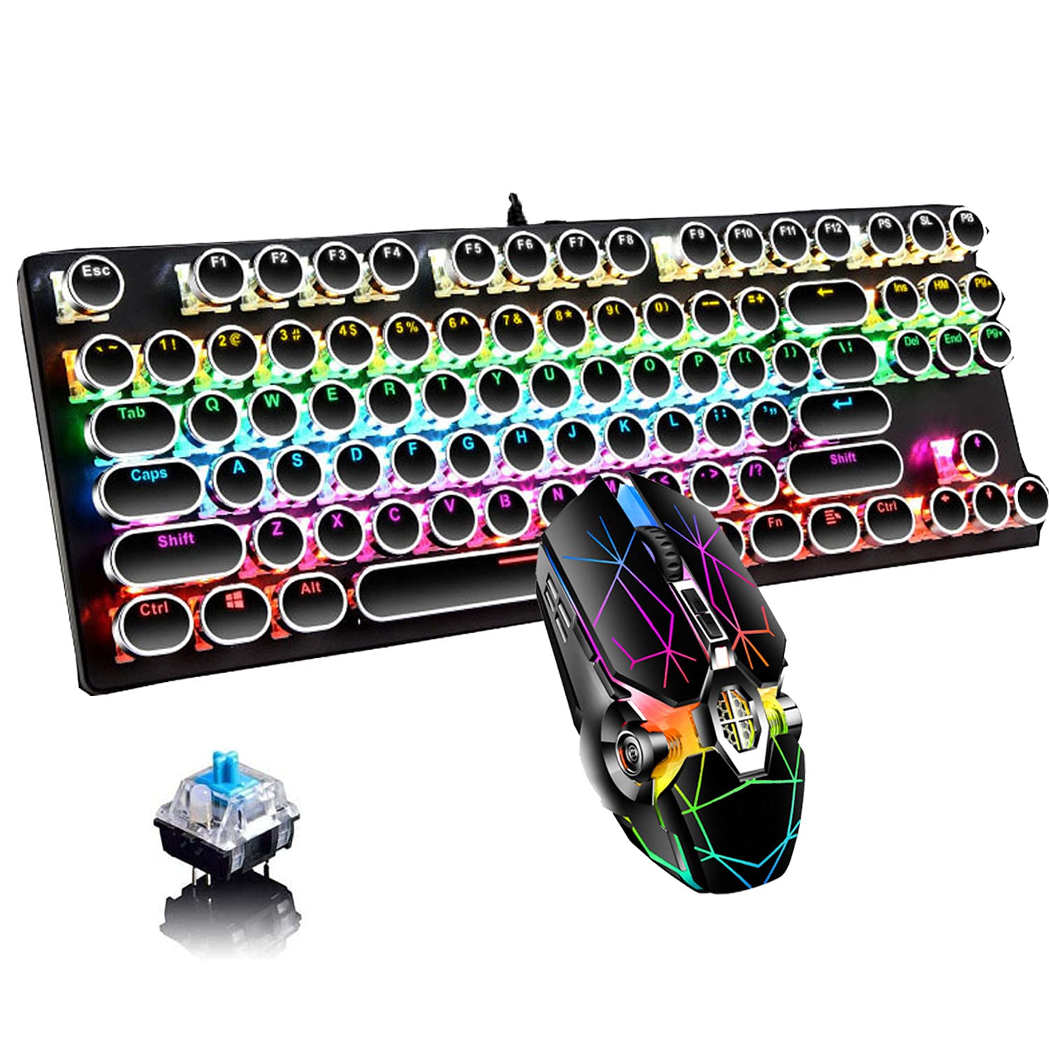 Ltvystore Retro Typewriter Keyboard and Mouse Combo,Black Mechanical Keyboard Blue Switch with 9 True RGB Backlight Modes, Cool Light Up Keyboard and Mouse for Gaming,Work,Mac,PC,Windows