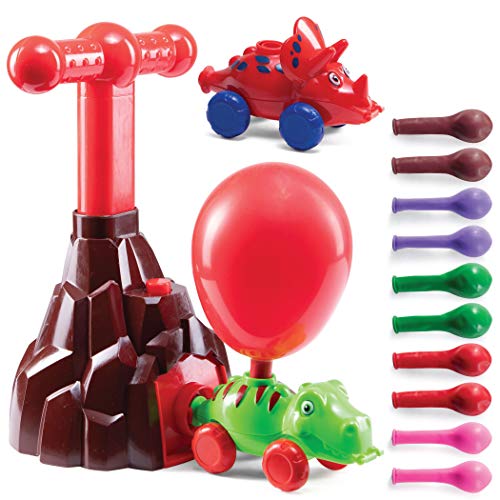 Prextex Air-Powered Dinosaur Car w/ Volcano Inflator/Pump & Balloon | Kids Science/STEM Toy Kit | Boy, Girl, Kid Gift Set Toys