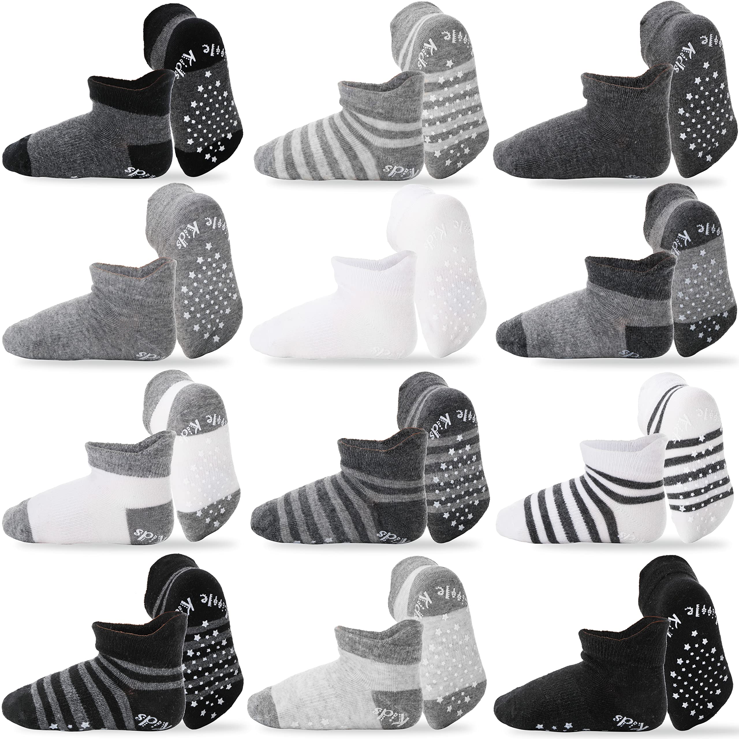EBMORE Baby Toddlers Ankle Non Slip Grips Socks for Infant Boys Girls Kids Anti Skid Cotton Socks (Grey Striped(12 Pairs),1-3 Y)