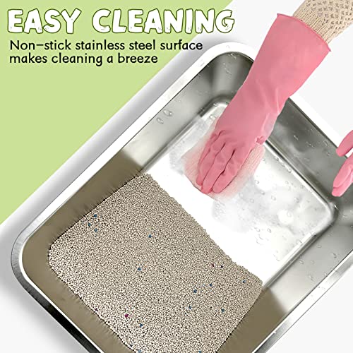 BNOSDM 2 Pack Stainless Steel Litter Box Smooth Litter Pan for Cats and Rabbits Metal Cat Litter Box High Sided, Non Stick, Easy to Clean, 17.7" L X 13.8" W X 5.9" H